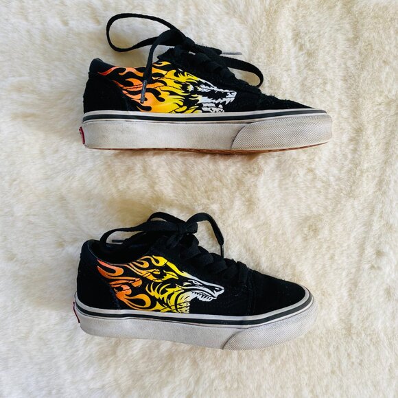 Vans | Shoes | Vans Black Ferocious Flame Shark Wolf Graphic Boys Size ...